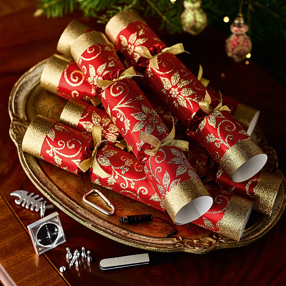6 Red and Gold Poinsettia Christmas Crackers | Museum Selection