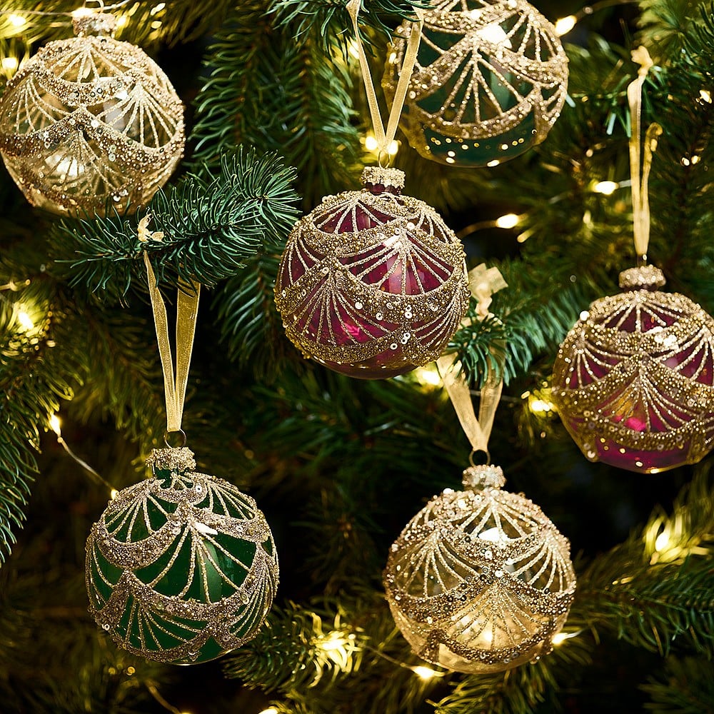 9 Art Deco Glass Baubles | Glitter & Sequin Decorated Baubles ...