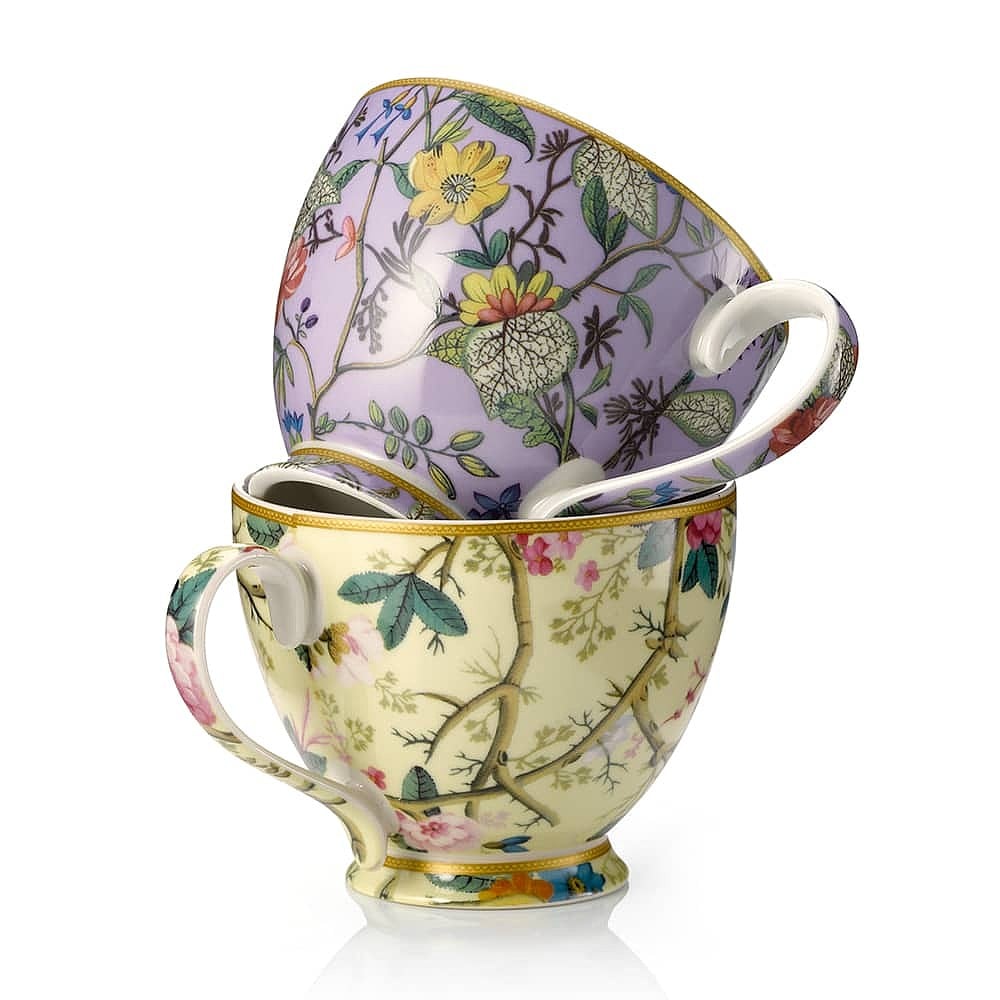 Pair of Large Pastel Yellow & Lilac Floral Mugs | Museum Selection